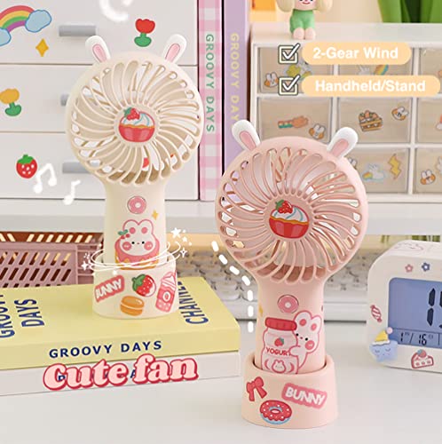 Kawaii Portable Fan with Stickers Kawaii Handheld Fan Kawaii Desk Fan with Standing Base Cute Small Personal Cooling Fan for Girls Room USB Power Rechargeable Fan Quiet Adjustable Airflow (Beige Bunny)