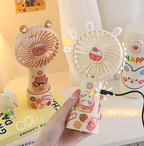 Kawaii Portable Fan with Stickers Kawaii Handheld Fan Kawaii Desk Fan with Standing Base Cute Small Personal Cooling Fan for Girls Room USB Power Rechargeable Fan Quiet Adjustable Airflow (Beige Bunny)