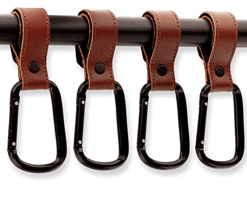 Brute Strength - Leather Stroller Hooks - Cognac 2X - Full Grain Leather - Mommy Hook - Stroller Clip - Bag Hook - Straps with Hooks - Carabiner Hook Clips