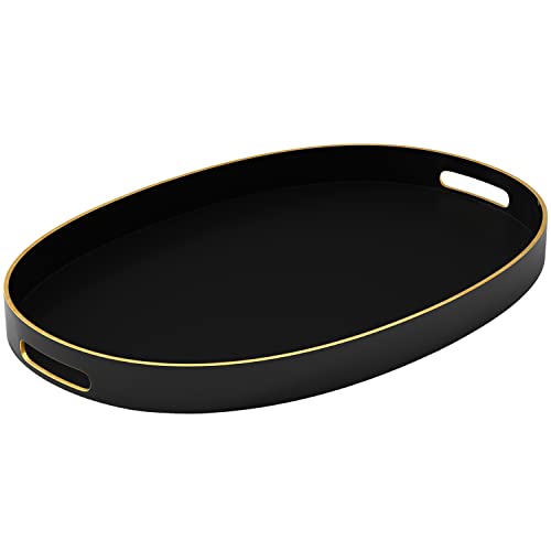 American Atelier Black Serving Tray with Gold Trimming | Oval Serving Tray with Handles | Trays for Serving Food, Coffee, Tea, and More | Classic Oval Coffee Table Tray in Black