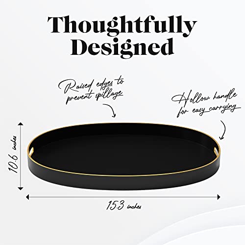 American Atelier Black Serving Tray with Gold Trimming | Oval Serving Tray with Handles | Trays for Serving Food, Coffee, Tea, and More | Classic Oval Coffee Table Tray in Black