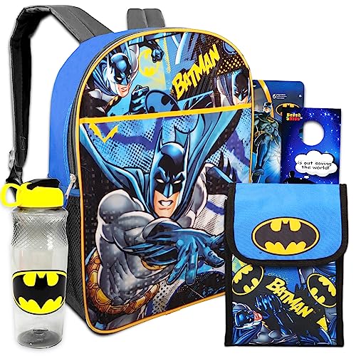 Detective Store Batman Backpack and Lunch Bag for Boys Girls Kids -- 5 Pc Bundle with 16'' Batman School Backpack Bag, Lunch Box, Water Bottle, and More | Batman School Supplies