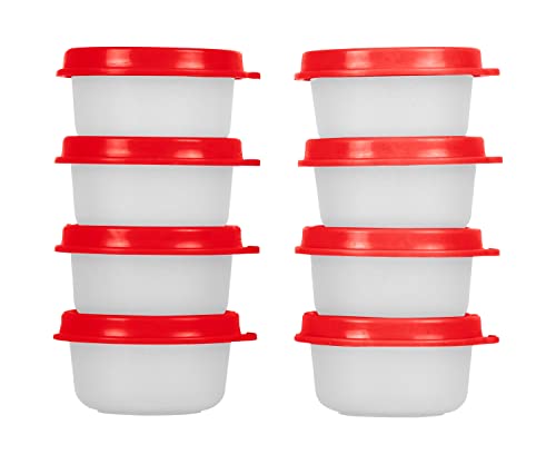 Condiment Cups container with Lids- 8 pk. 1 oz.Salad Dressing Container to go Small Food Storage Containers with Lids- Sauce Cups Leak proof Reusable Plastic BPA free for Lunch Box Picnic Travel (Red)