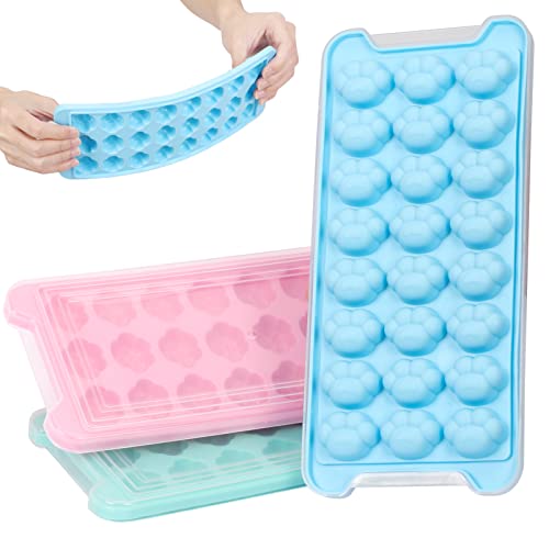 FYY Ice Cube Trays, 3 Pack Silicone Cat Paw Ice Tray with Removable Lid Easy-Release Flexible Ice Cube Molds for Freezer, Mini Cute Ice Balls for Water Bottle Whiskey Juice Coffee (3 Colors)