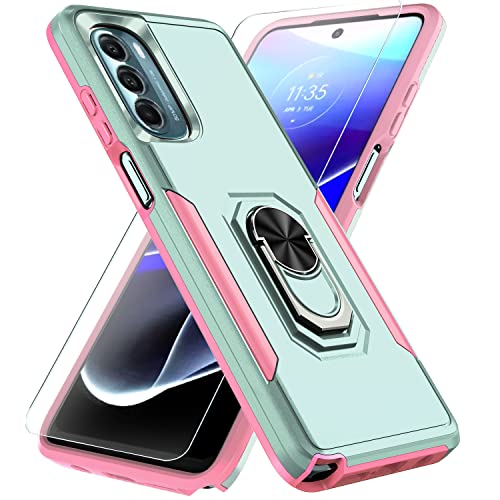 KSELF Moto G Stylus 5G 2022 Case: Shockproof Military-Grade, Ring Kickstand, Tempered Glass Protector (Green & Pink)