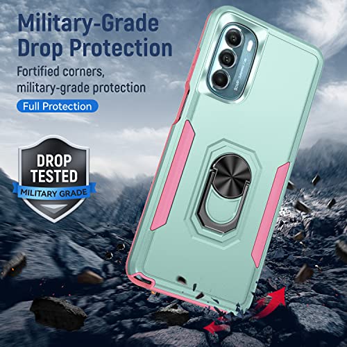 KSELF Moto G Stylus 5G 2022 Case: Shockproof Military-Grade, Ring Kickstand, Tempered Glass Protector (Green & Pink)