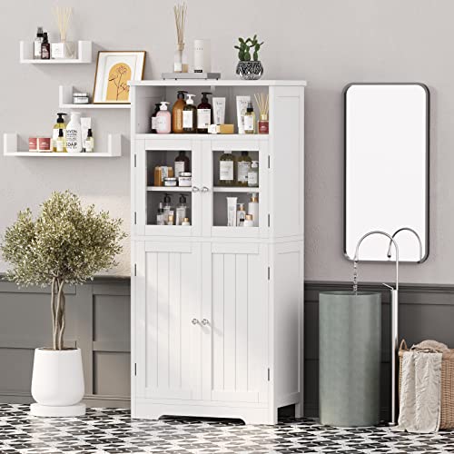 Irontar Bathroom Storage Cabinet, Freestanding Bathroom Cabinet with Open Shelf, Kitchen Pantry Cabinet with Doors for Living Room, Bathroom Floor Cabinet, 23.6 x 11.8 x 50.4 Inches, White CWG007W