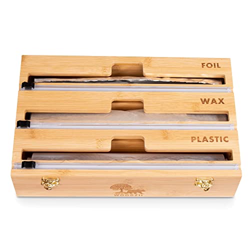 WOODZII 3 in 1 Plastic Wrap Dispenser with Cutter - Bamboo Foil and Plastic Wrap Organizer for Kitchen Drawer or Wall Mount - Wax Paper & Aluminum Foil Organizer Compatible with 12" Roll