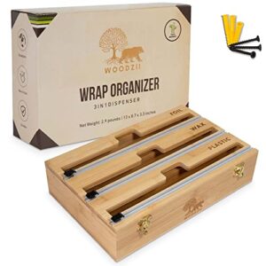 WOODZII 3 in 1 Plastic Wrap Dispenser with Cutter - Bamboo Foil and Plastic Wrap Organizer for Kitchen Drawer or Wall Mount - Wax Paper & Aluminum Foil Organizer Compatible with 12" Roll