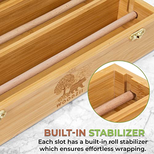 WOODZII 3 in 1 Plastic Wrap Dispenser with Cutter - Bamboo Foil and Plastic Wrap Organizer for Kitchen Drawer or Wall Mount - Wax Paper & Aluminum Foil Organizer Compatible with 12" Roll