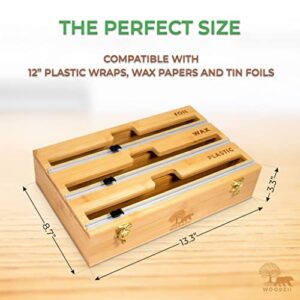 WOODZII 3 in 1 Plastic Wrap Dispenser with Cutter - Bamboo Foil and Plastic Wrap Organizer for Kitchen Drawer or Wall Mount - Wax Paper & Aluminum Foil Organizer Compatible with 12" Roll