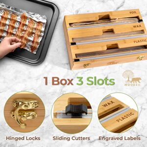 WOODZII 3 in 1 Plastic Wrap Dispenser with Cutter - Bamboo Foil and Plastic Wrap Organizer for Kitchen Drawer or Wall Mount - Wax Paper & Aluminum Foil Organizer Compatible with 12" Roll