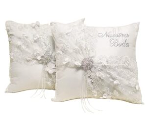 set of 2 white wedding kneeling pillows, embroidered nuestra boda kneeling pillows, satin and lace kneeling pillows, white/silver