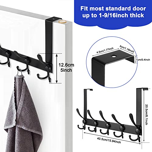 WHITGO Over The Door Hooks, Door Hanger with 5 Metal Hooks & Long Hanging Hooks, Stainless Steel Door Hooks for Hanging Coat, Towel, Hat (Black)