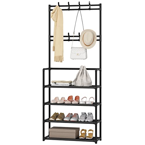 UDEAR 4-Tier Coat and Shoe Rack,Entryway Coat Rack Hallway Bench Storage Organizer with 8 Hooks for Living Room,Bedroom,Office,Black