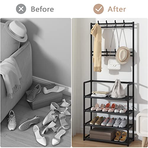 UDEAR 4-Tier Coat and Shoe Rack,Entryway Coat Rack Hallway Bench Storage Organizer with 8 Hooks for Living Room,Bedroom,Office,Black