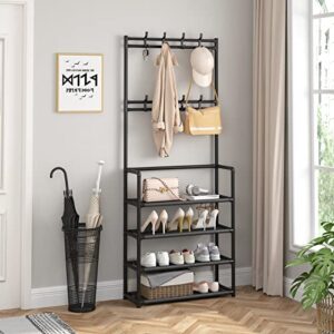 UDEAR 4-Tier Coat and Shoe Rack,Entryway Coat Rack Hallway Bench Storage Organizer with 8 Hooks for Living Room,Bedroom,Office,Black