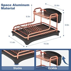 CAOANTRY Aluminum Dish Drying Rack, 2-Tier Rustproof Dish Rack with Automatic Drainborad Set, Small Dish Drainers- Space Saver for Kitchen Countertops, Rose Gold