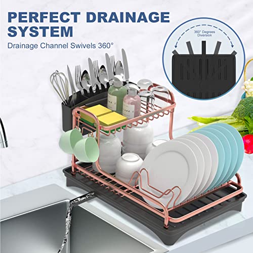 CAOANTRY Aluminum Dish Drying Rack, 2-Tier Rustproof Dish Rack with Automatic Drainborad Set, Small Dish Drainers- Space Saver for Kitchen Countertops, Rose Gold