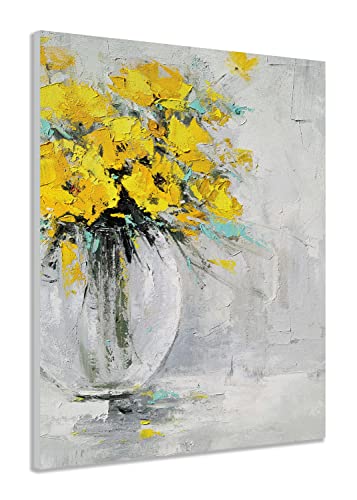 Yihui Arts Large Yellow Hand Painted Textured Sunflower Wall Art in Vase - Modern Abstract Design for Living Room Bedroom Decor