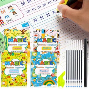 4pcs large magic practice copybook for kids, handwriting practice book for kids, magic ink print handwriting workbook with 1 pen + 8 refills + 1 grip for beginners, preschoolers & kindergarten kids