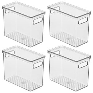 mDesign Slim Plastic Stackable Kitchen Cabinet Storage Bin Box, Handles and Lid - Fridge, Cabinet, Counter Organizer for Snacks, Food, Drinks, or Supplies, Ligne Collection, 4 Pack, Clear