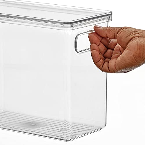 mDesign Slim Plastic Stackable Kitchen Cabinet Storage Bin Box, Handles and Lid - Fridge, Cabinet, Counter Organizer for Snacks, Food, Drinks, or Supplies, Ligne Collection, 4 Pack, Clear