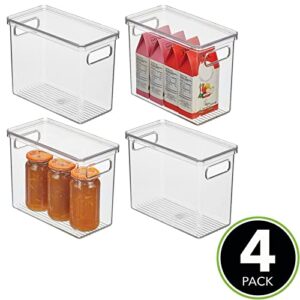 mDesign Slim Plastic Stackable Kitchen Cabinet Storage Bin Box, Handles and Lid - Fridge, Cabinet, Counter Organizer for Snacks, Food, Drinks, or Supplies, Ligne Collection, 4 Pack, Clear