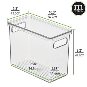 mDesign Slim Plastic Stackable Kitchen Cabinet Storage Bin Box, Handles and Lid - Fridge, Cabinet, Counter Organizer for Snacks, Food, Drinks, or Supplies, Ligne Collection, 4 Pack, Clear