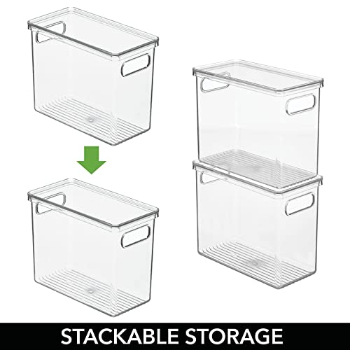 mDesign Slim Plastic Stackable Kitchen Cabinet Storage Bin Box, Handles and Lid - Fridge, Cabinet, Counter Organizer for Snacks, Food, Drinks, or Supplies, Ligne Collection, 4 Pack, Clear