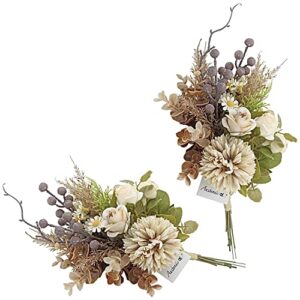 ausbender 2packs artificial faux flowers plant silk 15.3" fall arrangement boho style bouquets floral rustic decoration table centerpieces for home kitchen (pretty dandelion eucalyptus daisy)