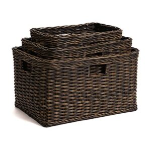 The Basket Lady Tall Rectangular Wicker Storage Basket, Large, 22.5 in L x 16 in W x 12.5 in H, Antique Walnut Brown