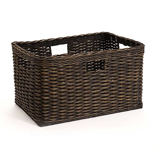 The Basket Lady Tall Rectangular Wicker Storage Basket, Large, 22.5 in L x 16 in W x 12.5 in H, Antique Walnut Brown