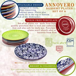 Annovero Small Mini Dessert Plates - Dinnerware for Dessert, Pie, Cake, Cute and Colorful Stoneware Dishes for Kitchen, Microwave and Oven Safe, 6 Inch Diameter, Set of 6