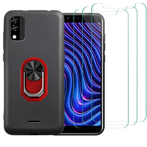 Futanwei Compatible with BLU C5 Max Case & Screen Protectors | BLU C5 Max Case with Ring Grip Finger Holder Stand | [3 Pack] BLU C5 Max Tempered Glass Screen Protectors | Slim Matte Black TPU Case