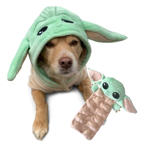 STAR WARS Dog Hoodie - Officially Licensed Pet Apparel - I Am The Child Fleece Hoodie & Matching Multi Squeaker Baby Yoda Dog Toy - Mandalorian Cat & Puppy Costume, Small