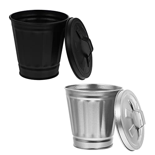 Ipetboom Trash Cans 2PCS Countertop Trash Can with Lid Desktop Tin Trash Bucket Mini Waste Paper Bucket Iron Garbage Pail Can Pencil Cup Holder for Home Kitchen Bedroom Metal Bin Trash Cans Lint Bin