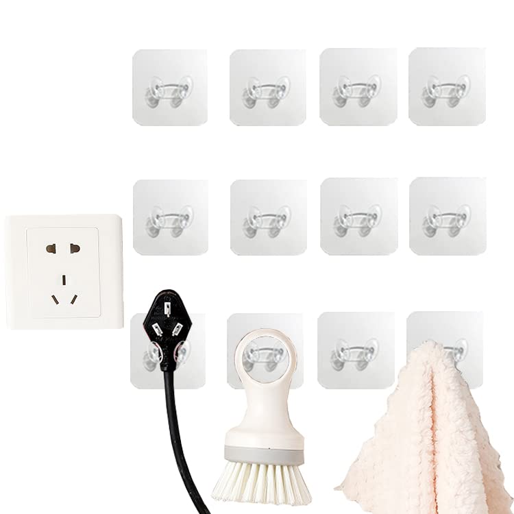 CARURLIFF 12 PCS Power Plug Holder Wall Mounted Organizer for Charger, Hairband, Adhesive Hooks for Bedroom, Kitchen (Transparent 12 PCS)