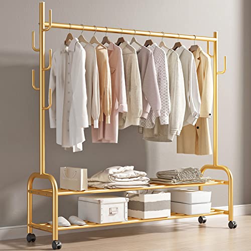 GAMNOF Gold Clothes Rack with Wheels Gold Garment Rack with Storage Shelf Freestanding Gold Clothing Racks for Hanging Clothes