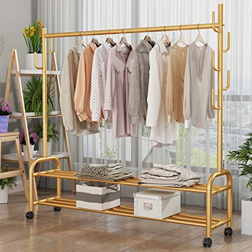 GAMNOF Gold Clothes Rack with Wheels Gold Garment Rack with Storage Shelf Freestanding Gold Clothing Racks for Hanging Clothes