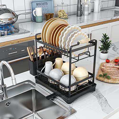 GILLAS Dish Drying Rack for Small Kitchen Counter, 2 Tier Dish Racks with Drainboard Set, Rust-Proof, Upgrade Wooden Handles, Space Saving, Black