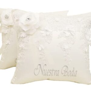 Set of 2 Ivory Wedding Kneeling Pillows, Embroidered Nuestra Boda Kneeling Pillows, Satin and Lace Kneeling Pillows, Ivory/Silver, 2 Count (Pack of 1)