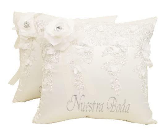 Set of 2 Ivory Wedding Kneeling Pillows, Embroidered Nuestra Boda Kneeling Pillows, Satin and Lace Kneeling Pillows, Ivory/Silver, 2 Count (Pack of 1)