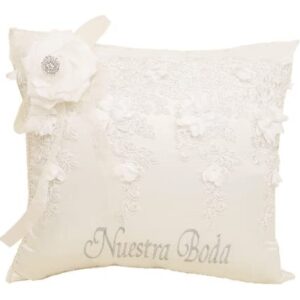 Set of 2 Ivory Wedding Kneeling Pillows, Embroidered Nuestra Boda Kneeling Pillows, Satin and Lace Kneeling Pillows, Ivory/Silver, 2 Count (Pack of 1)