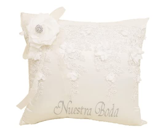 Set of 2 Ivory Wedding Kneeling Pillows, Embroidered Nuestra Boda Kneeling Pillows, Satin and Lace Kneeling Pillows, Ivory/Silver, 2 Count (Pack of 1)