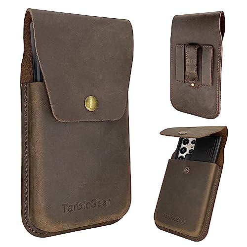 TarbicGear Leather Phone Pouch for Belt, S22 Ultra Belt Clip Holder for Men, Large Phone Holster, iPhone 13 Pro Max Belt Clip Case, Universal Smartphone Leather Sheath