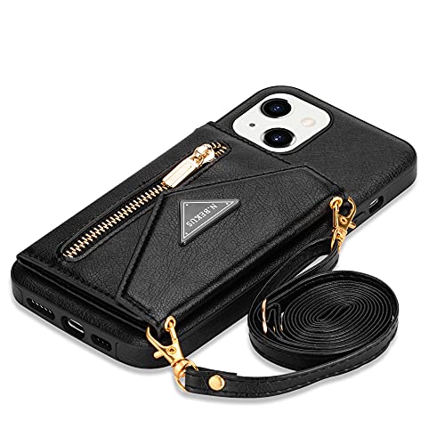 Yun Chi Crossbody Slim Wallet Cases for iPhone 13 Mini with Lanyard Strap Credit Card Holder 5.4'', PU Leather Protective Handbag Zipper Purse Kickstand Cover Women Girl (Black)