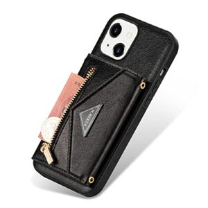 Yun Chi Crossbody Slim Wallet Cases for iPhone 13 Mini with Lanyard Strap Credit Card Holder 5.4'', PU Leather Protective Handbag Zipper Purse Kickstand Cover Women Girl (Black)