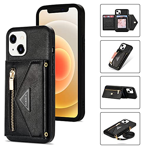 Yun Chi Crossbody Slim Wallet Cases for iPhone 13 Mini with Lanyard Strap Credit Card Holder 5.4'', PU Leather Protective Handbag Zipper Purse Kickstand Cover Women Girl (Black)