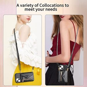 Yun Chi Crossbody Slim Wallet Cases for iPhone 13 Mini with Lanyard Strap Credit Card Holder 5.4'', PU Leather Protective Handbag Zipper Purse Kickstand Cover Women Girl (Black)